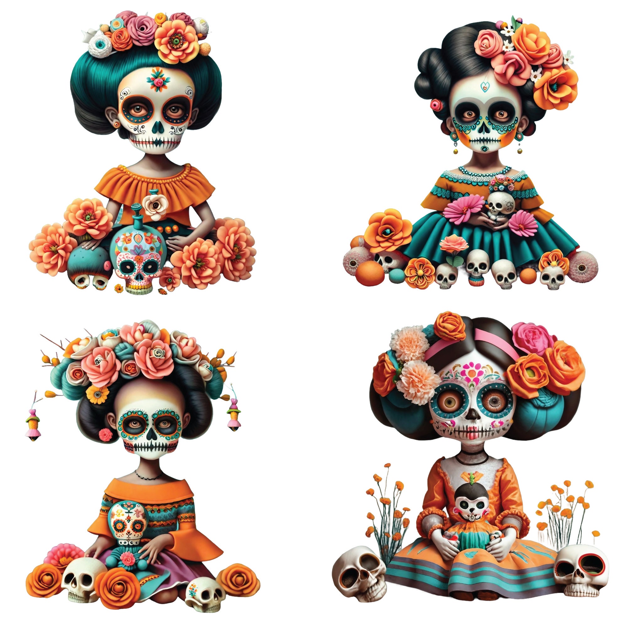 Sugar Skull Girls Png Bundle Png Clip Art Downloadable Digital Art Images Day Of The Dead