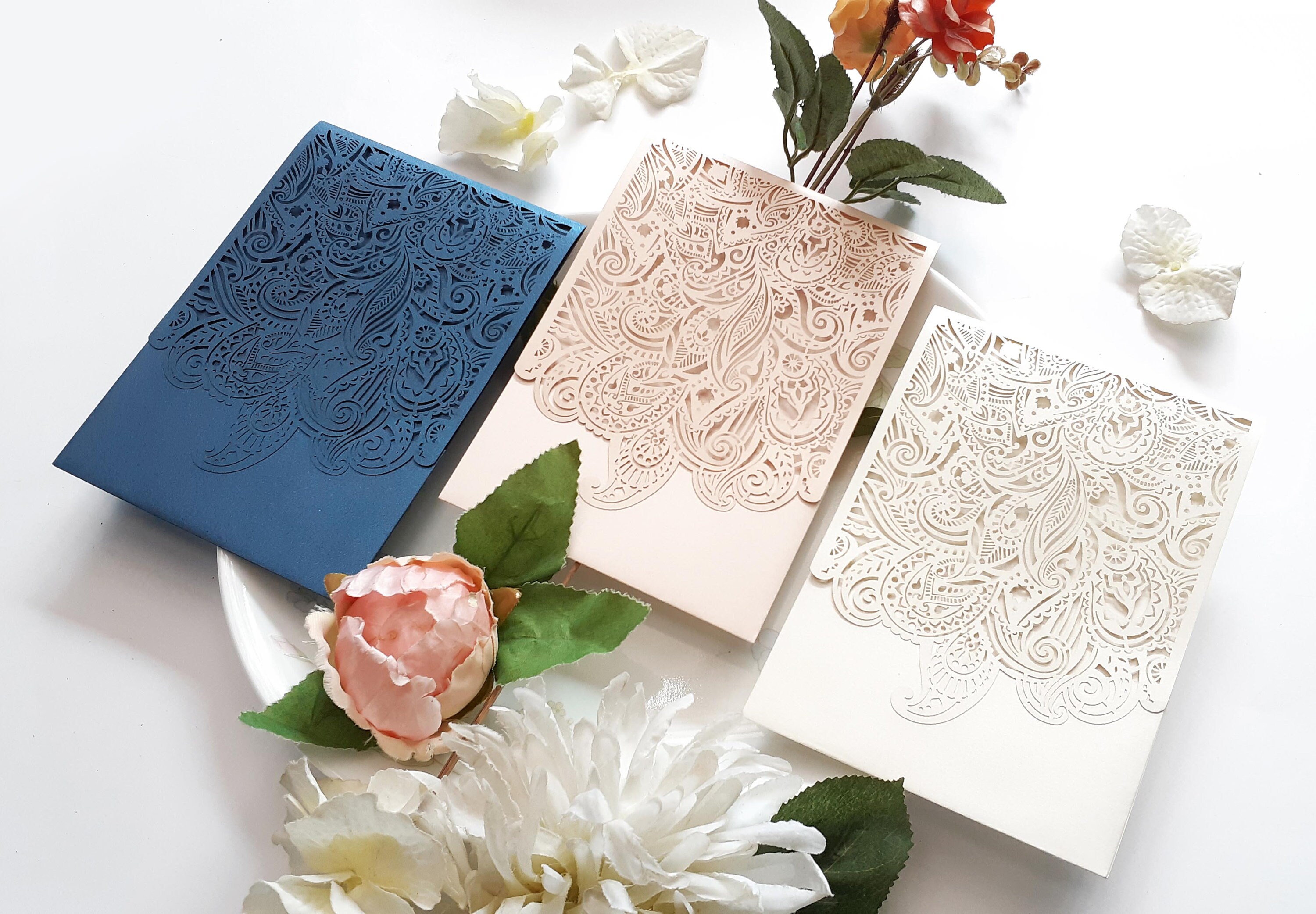 Laser Cut Invitation Covers Pocket ONLY - Paisley, Pocketfold, 3 Colors ...
