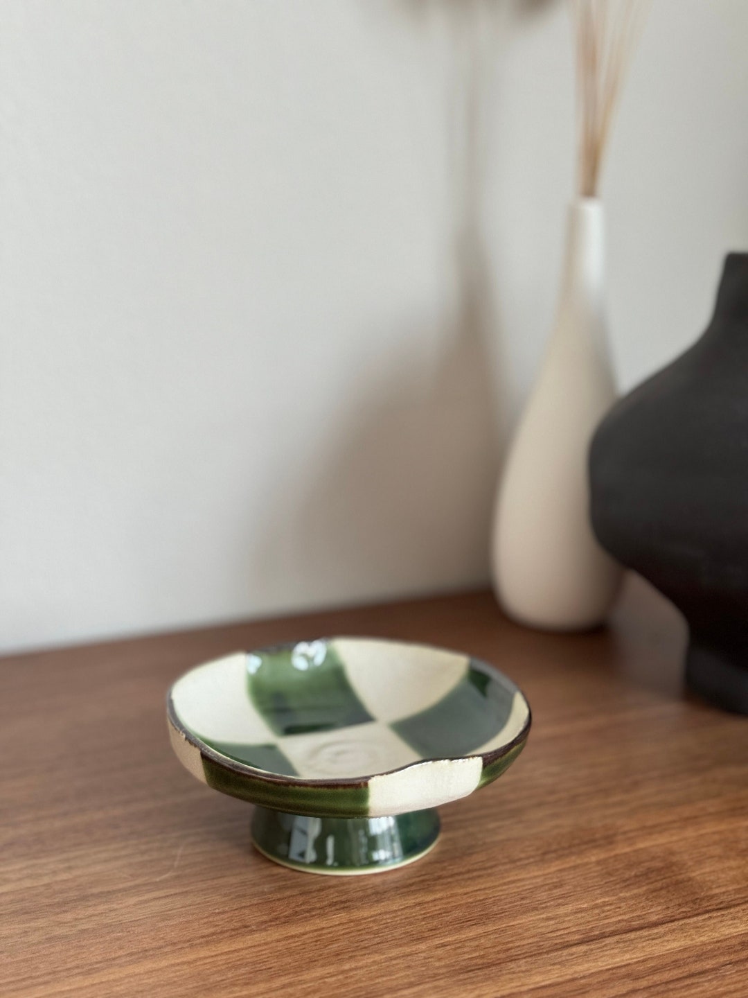 Handmade Japanese Green & Ivory Checkered Ceramic High Dish Vintage ...