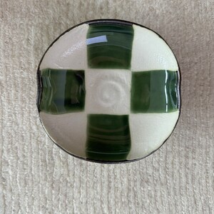 Handmade Japanese Green & Ivory Checkered Ceramic High Dish | Vintage ...