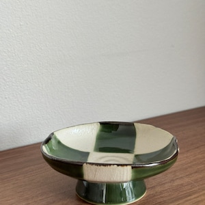Handmade Japanese Green & Ivory Checkered Ceramic High Dish | Vintage ...