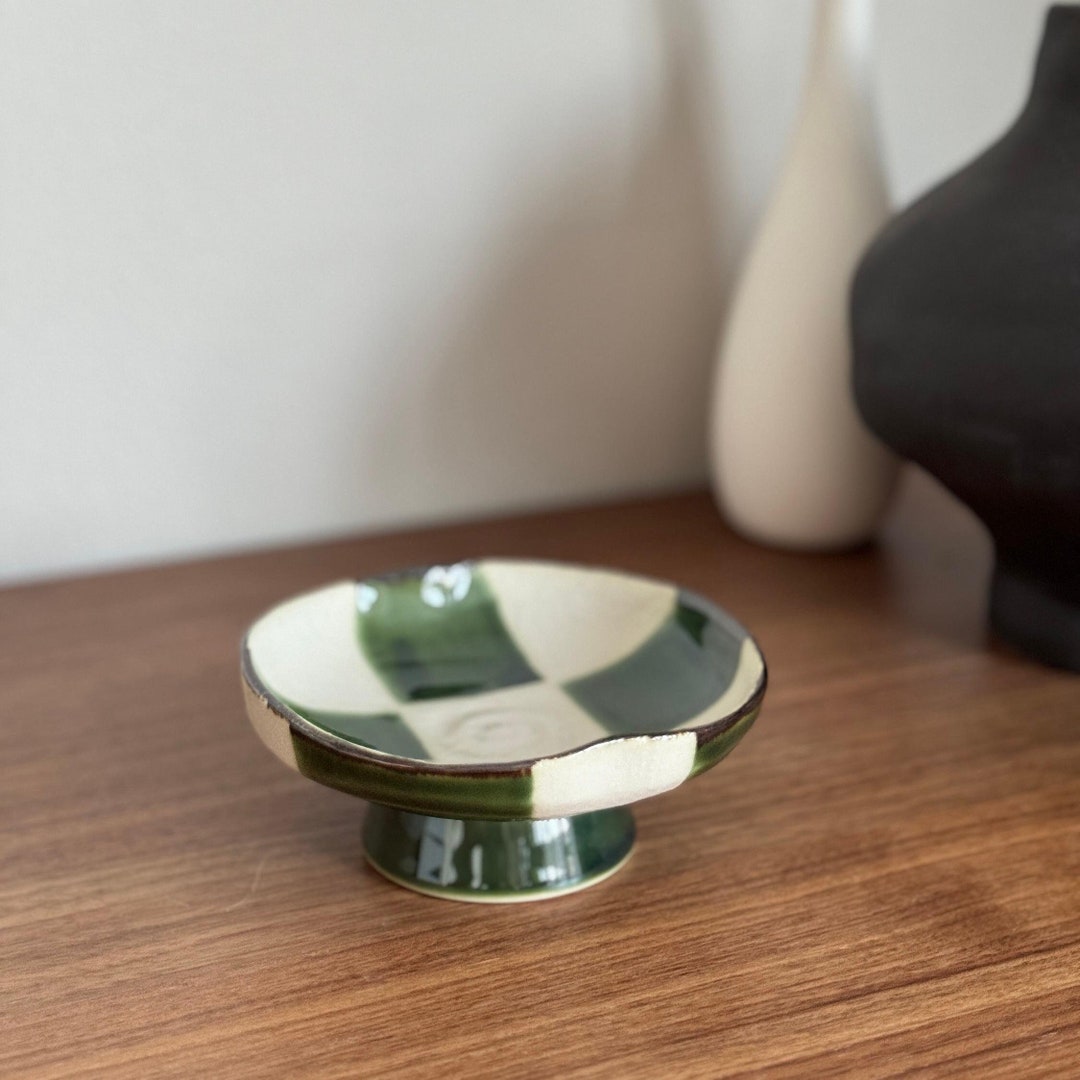 Handmade Japanese Green & Ivory Checkered Ceramic High Dish | Vintage ...