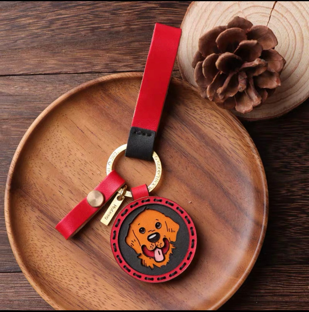 Handmade Leather Cute Golden Retriever Dog Puppy Key Chains Bag Charms ...