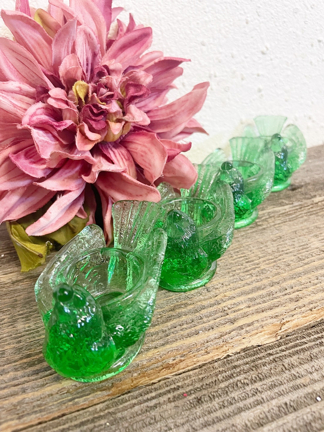Vintage DEGENHART Art Glass Open Salt Cellar Bird & Berry Set of 4 ...