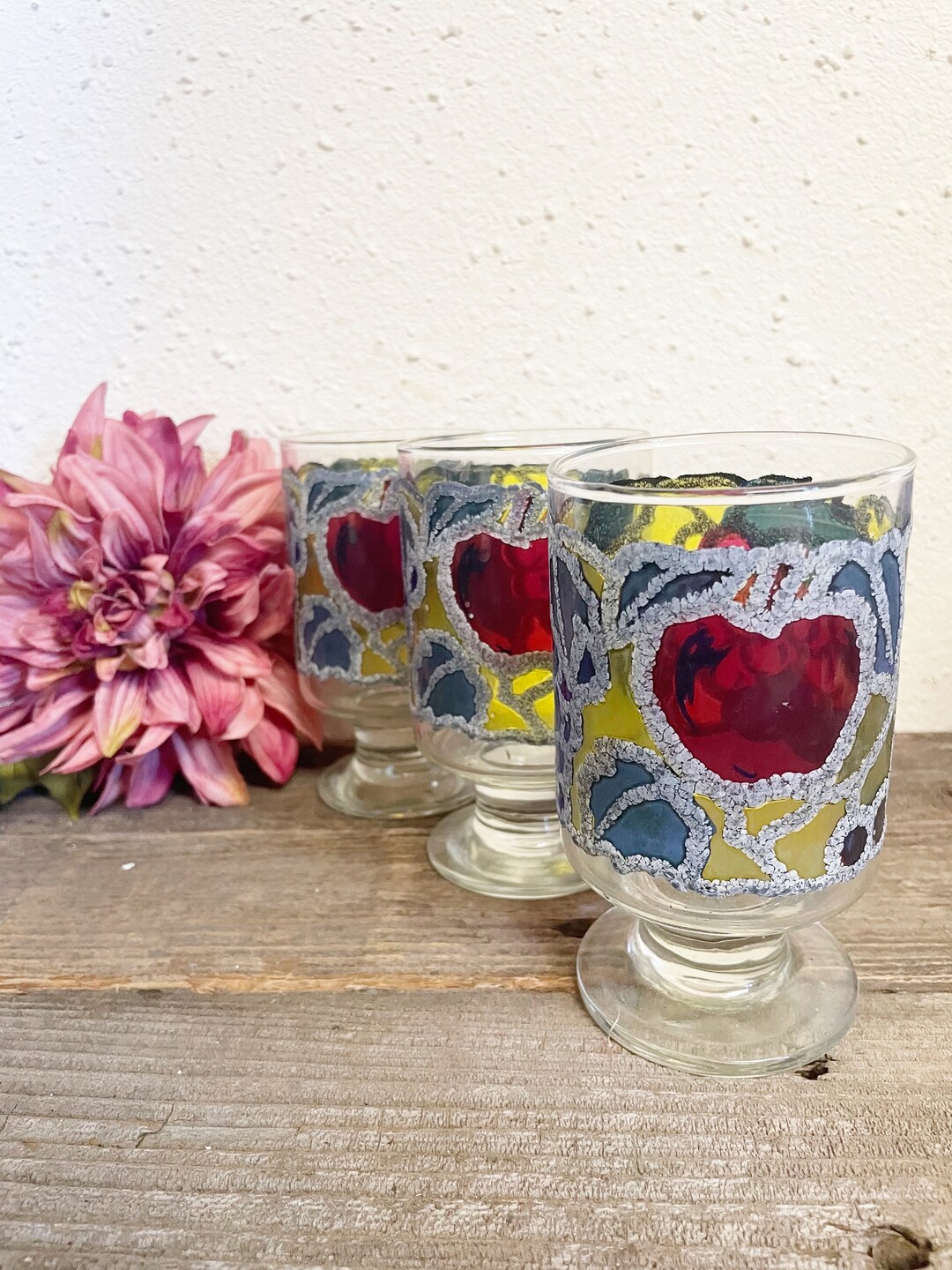 Vintage Libbey Leaded Stained Glass Fruit Footed Glasses Set of 3 ...