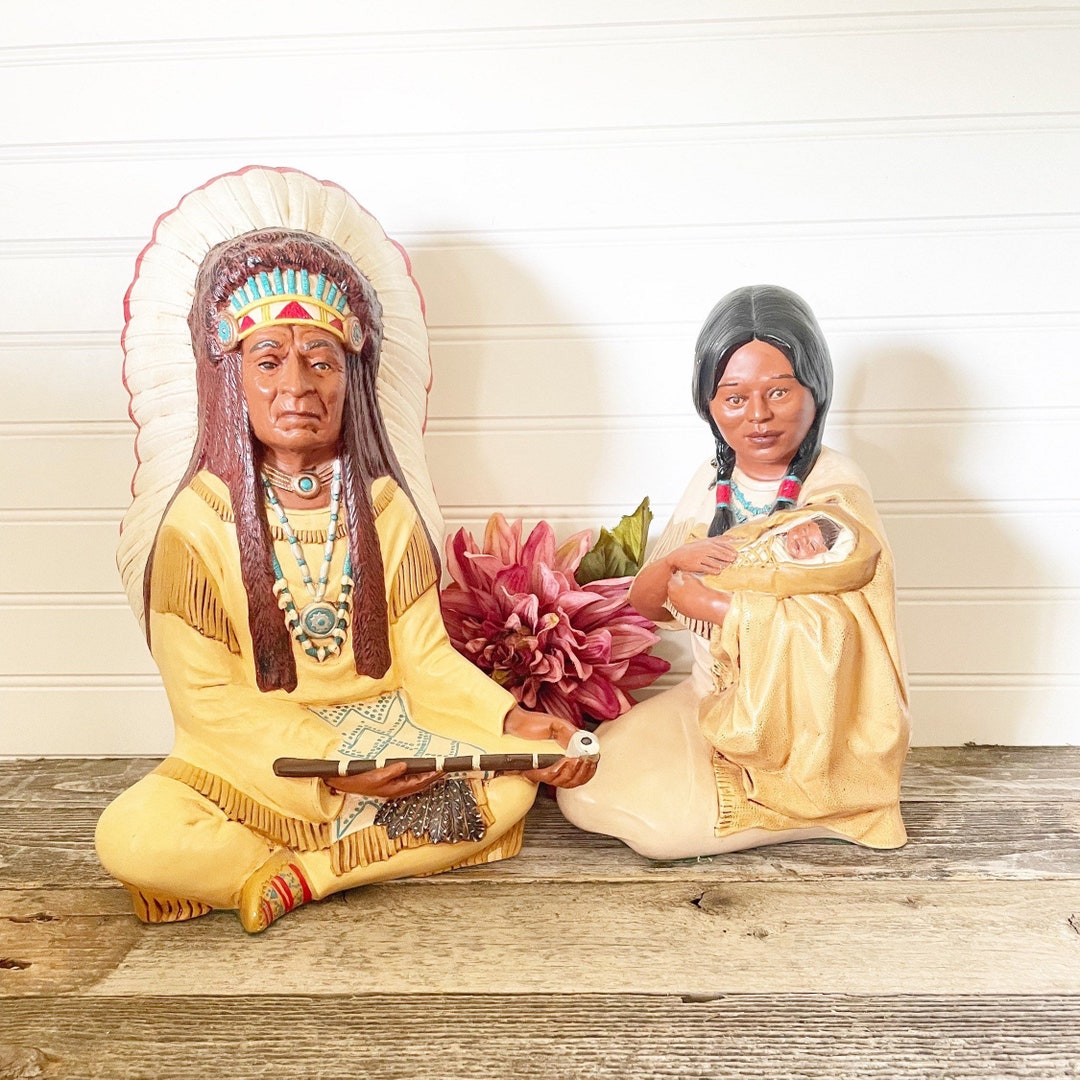 Vintage Large Chalkware Native American Couple Sitting Man and Woman ...