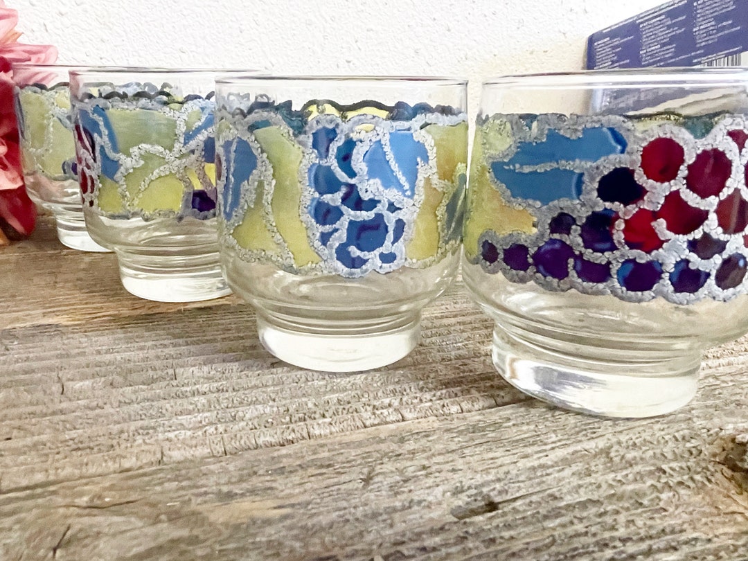Vintage Libbey Leaded Stained Glass Fruit Footed Glasses; Set of 4 ...