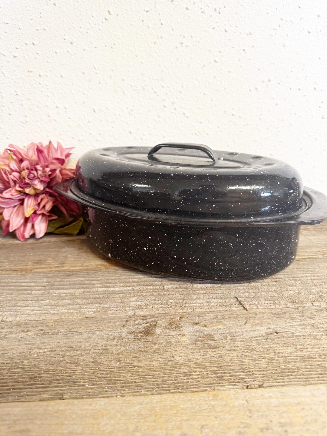 Vintage Black Speckled Enamel Roasting Pan With Cover , Large ...