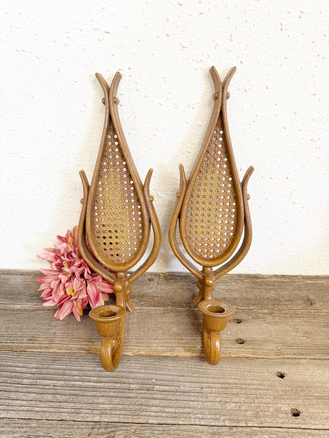 Vintage Teardrop Faux Rattan Wall Sconces PAIR 2 Homco Products USA ...