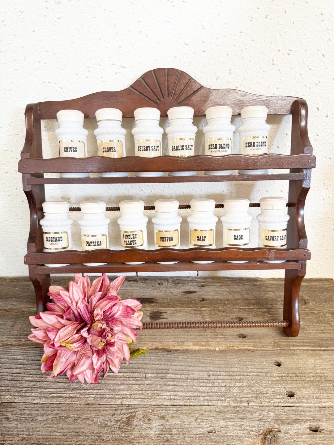 Vintage Wooden Spice Rack With Milk Glass Jars 1960s Vintage Wall ...