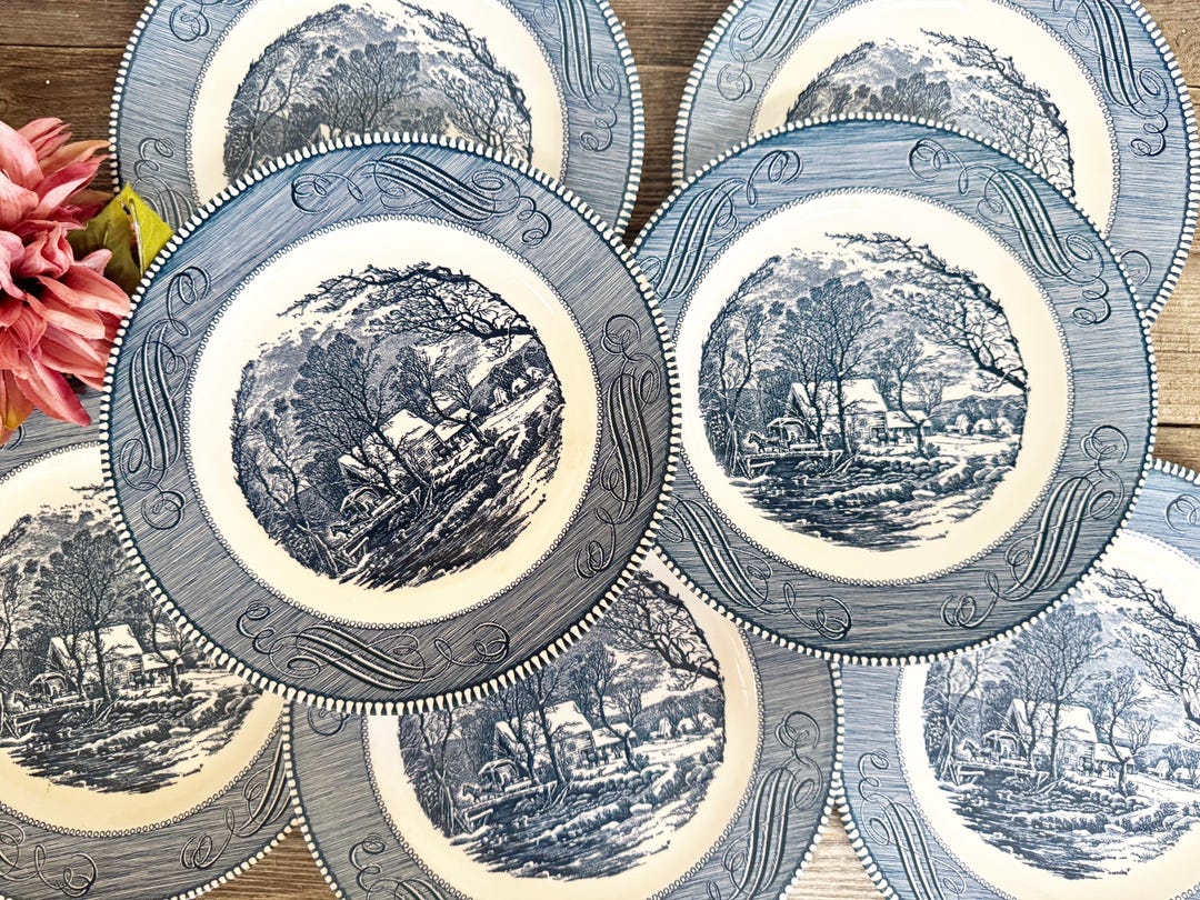 Vintage Currier & Ives Platter Blue and White Currier and Ives Dinner ...