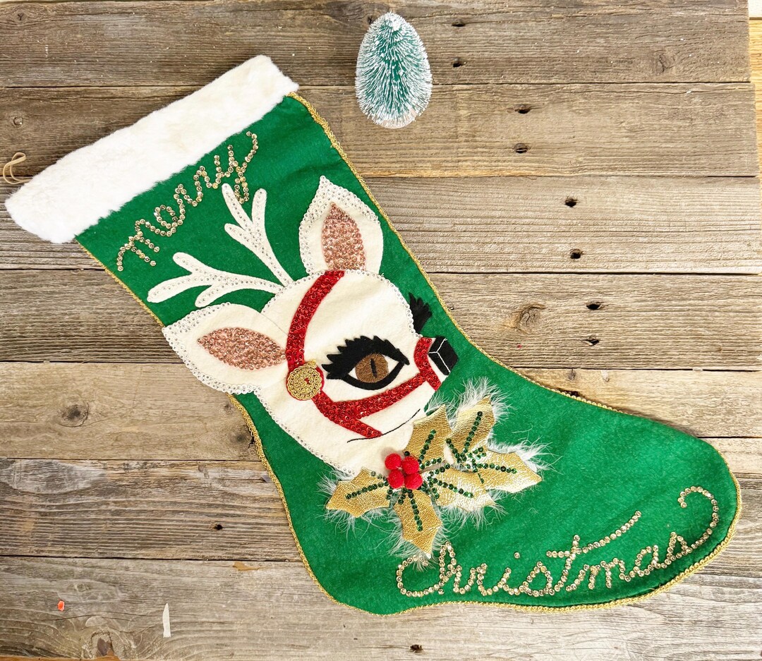 Vintage Green Felt Kitsch Deer Stocking Feather and Sequins Christmas ...
