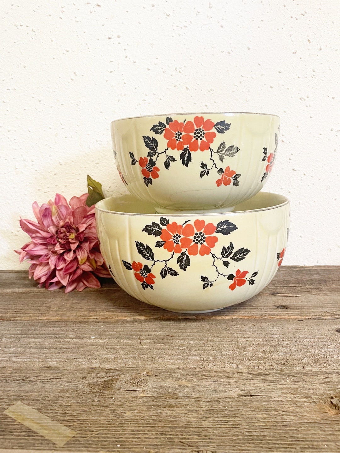 Halls Pottery Set of 2 Red Poppy Nesting Mixing Bowls Art Deco 7.5 8.75 ...
