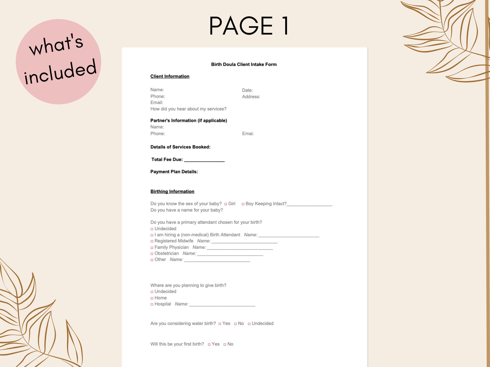 Doula Client Intake Forms Instant Download Doula PDF - Etsy