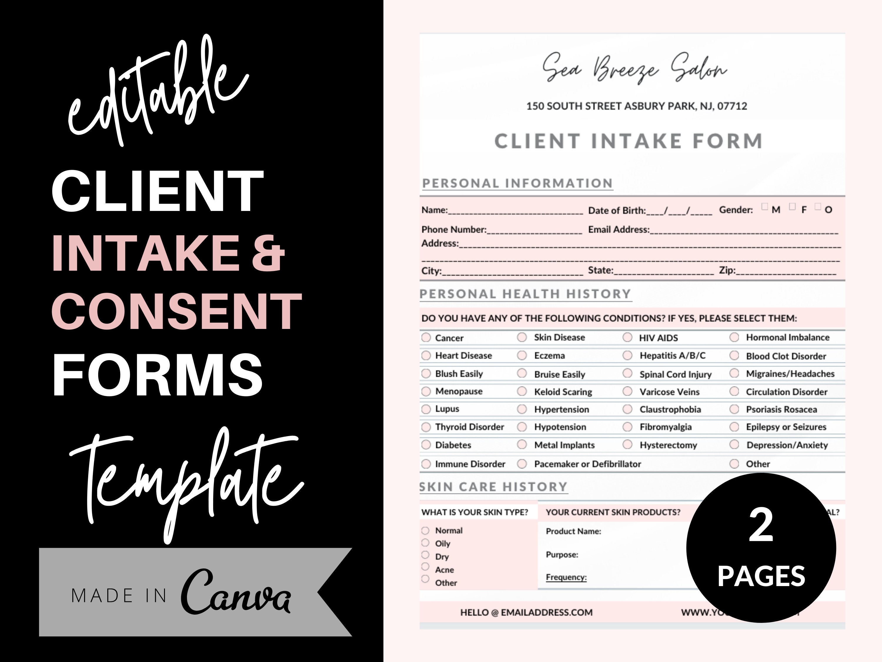 Client Intake Form Template Esthetician Business Form - Etsy Canada