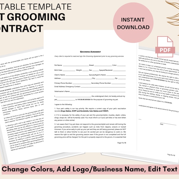 Pet Grooming Contract Template - Etsy
