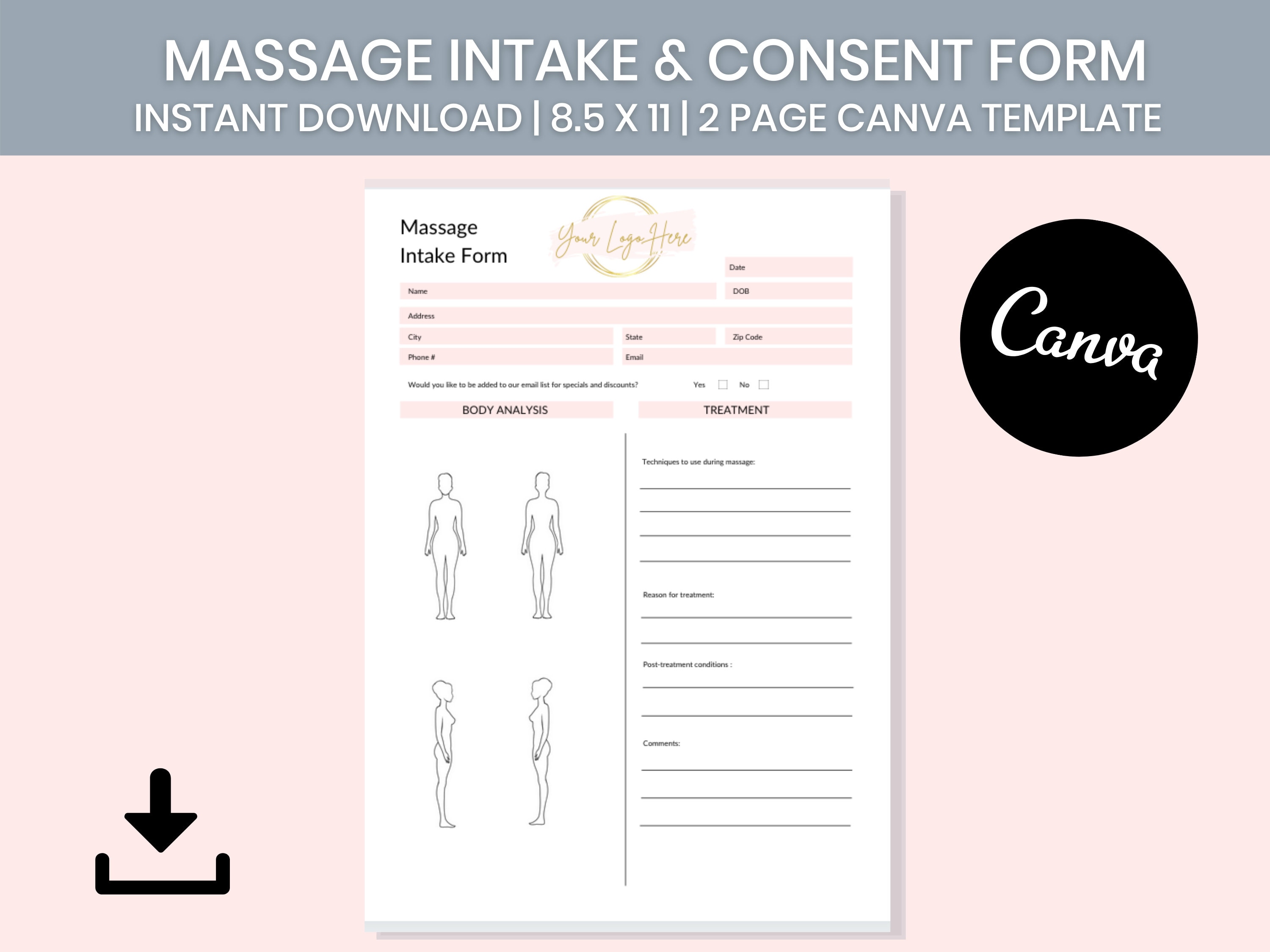Massage Form Intake Consent Form Body Diagram Massage Etsy España