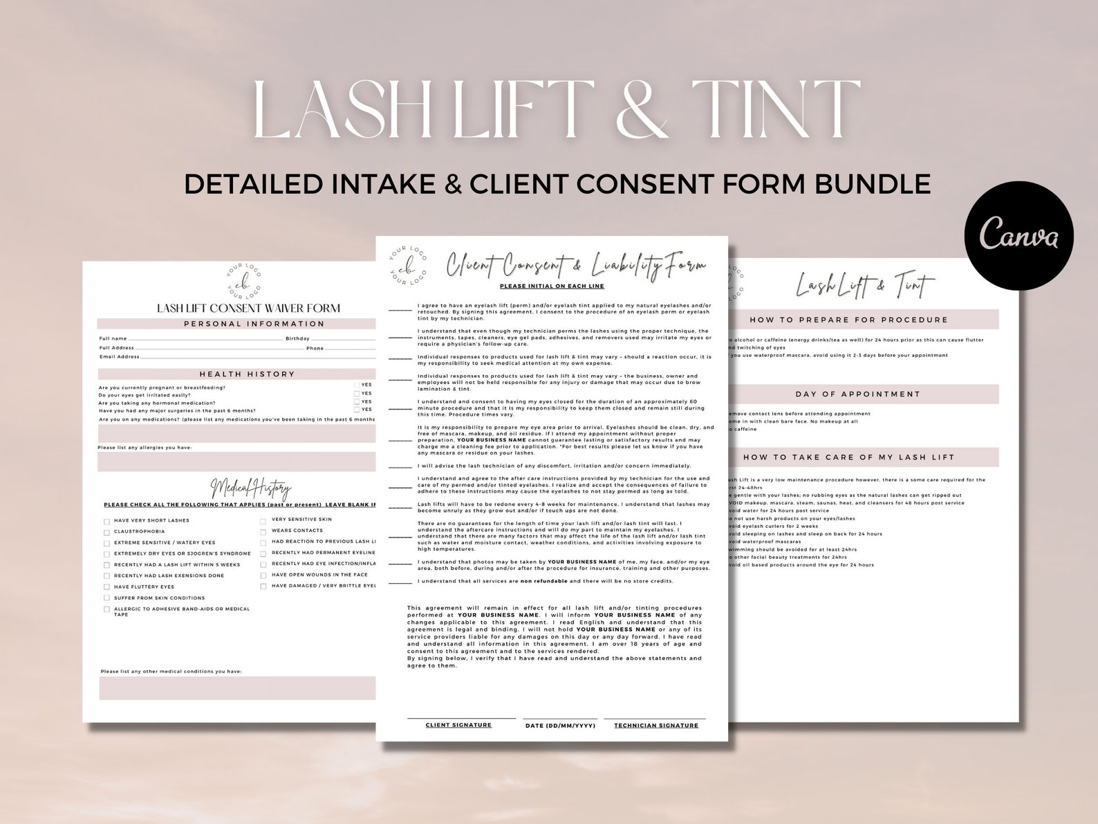 Lash Lift Consent, Editable Template, Lash Lift and Tint Aftercare ...