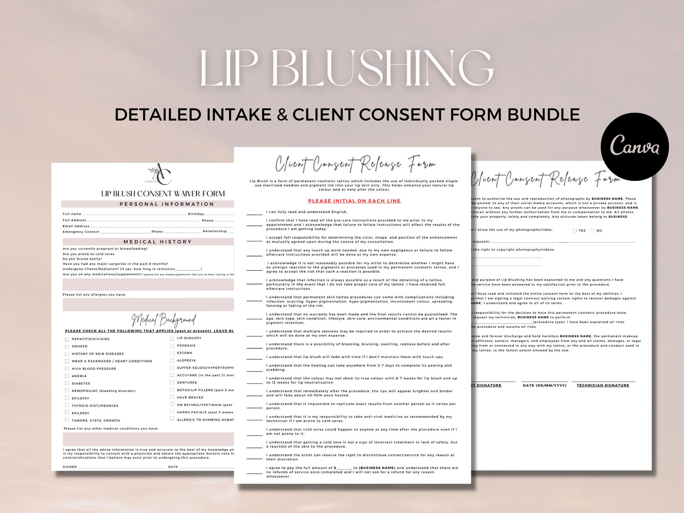 Lip Blushing Consent Form Bundle, Lip Blush Intake Form, Aftercare ...