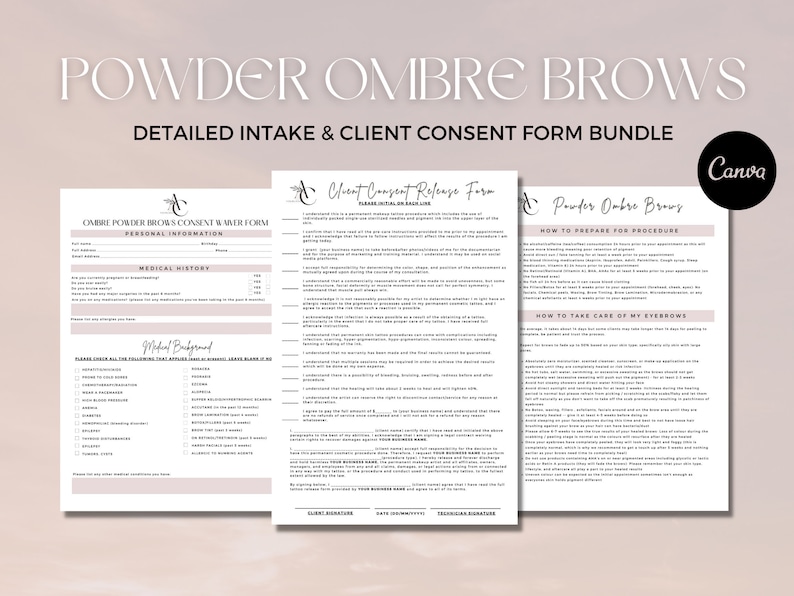 Editable Ombre Powder Brow Intake Consent Forms, Precare, Aftercare DIY ...