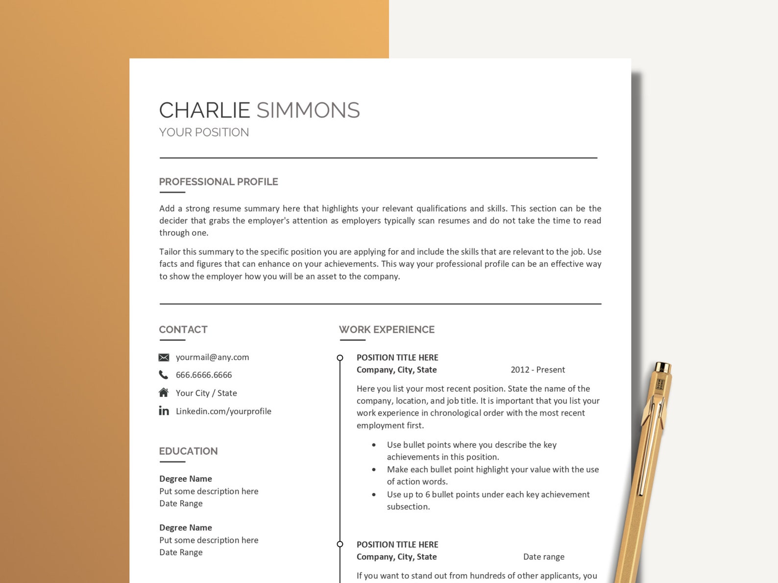 Clean, Modern Resume Template for MS Word and Mac, 1,2 and 3 Page ...