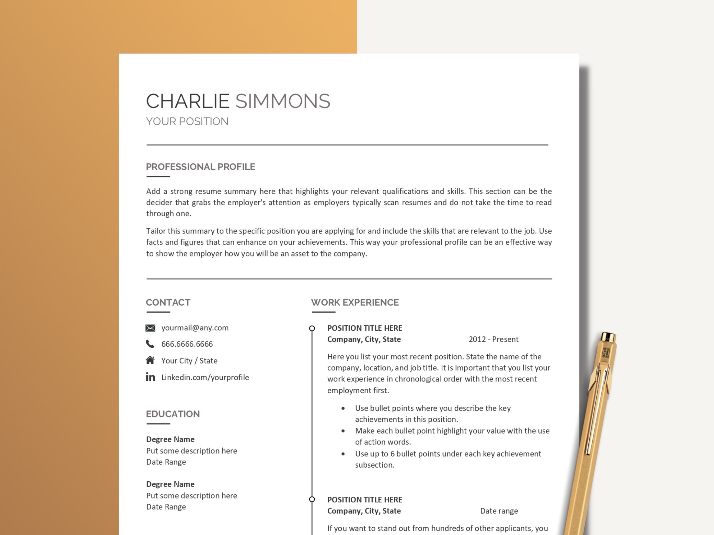 Clean Modern Resume Template for MS Word and Mac 12 and 3 - Etsy