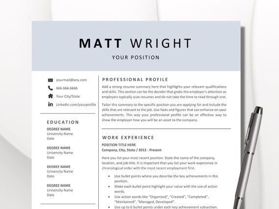 Resume Template for Google Docs Word and Pages. 1-2 and 3 - Etsy