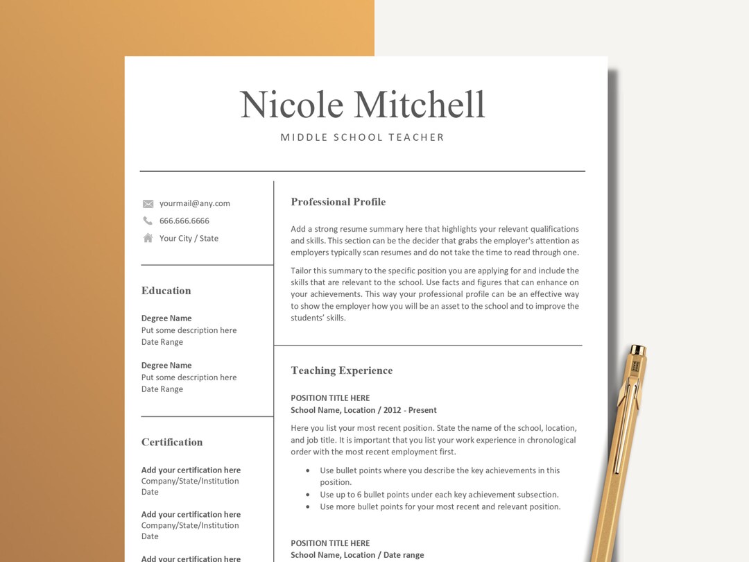 Teacher Resume Template for Word and Pages, 1, 2 and 3 Page Resume ...