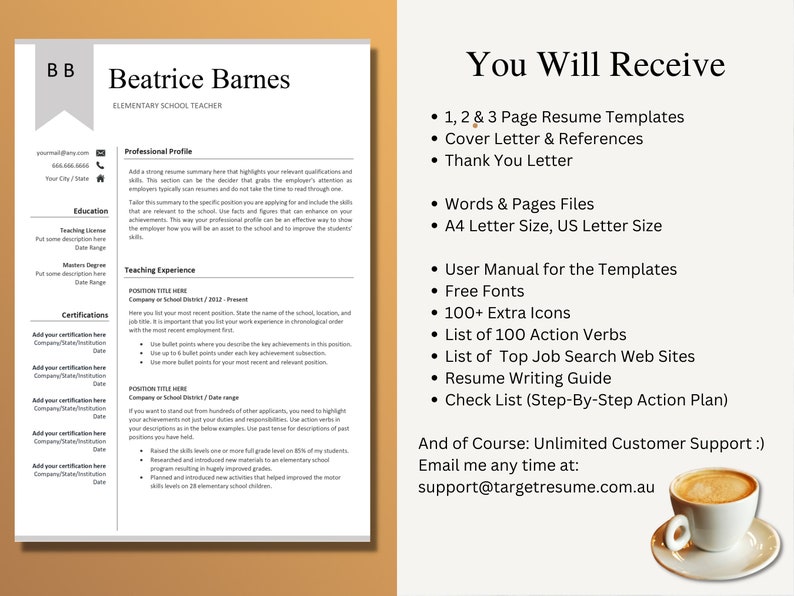 Teacher Resume Template for Word and Pages, 1, 2 and 3 Page Resume ...