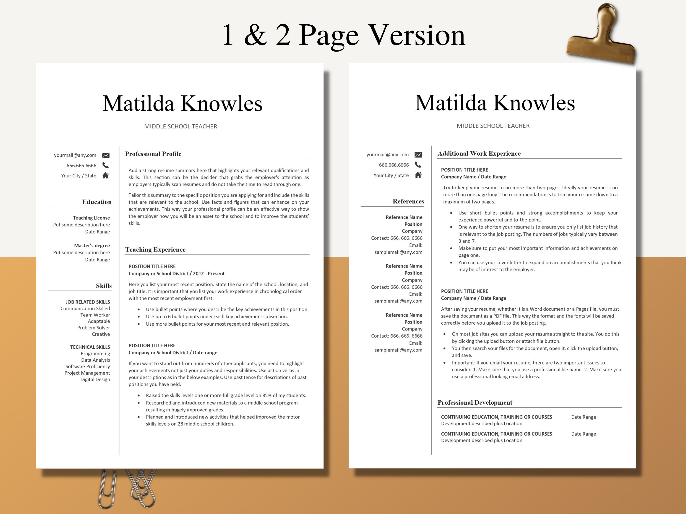 Teacher Resume Template for Word and Pages, Middle School Teacher, 1, 2 ...