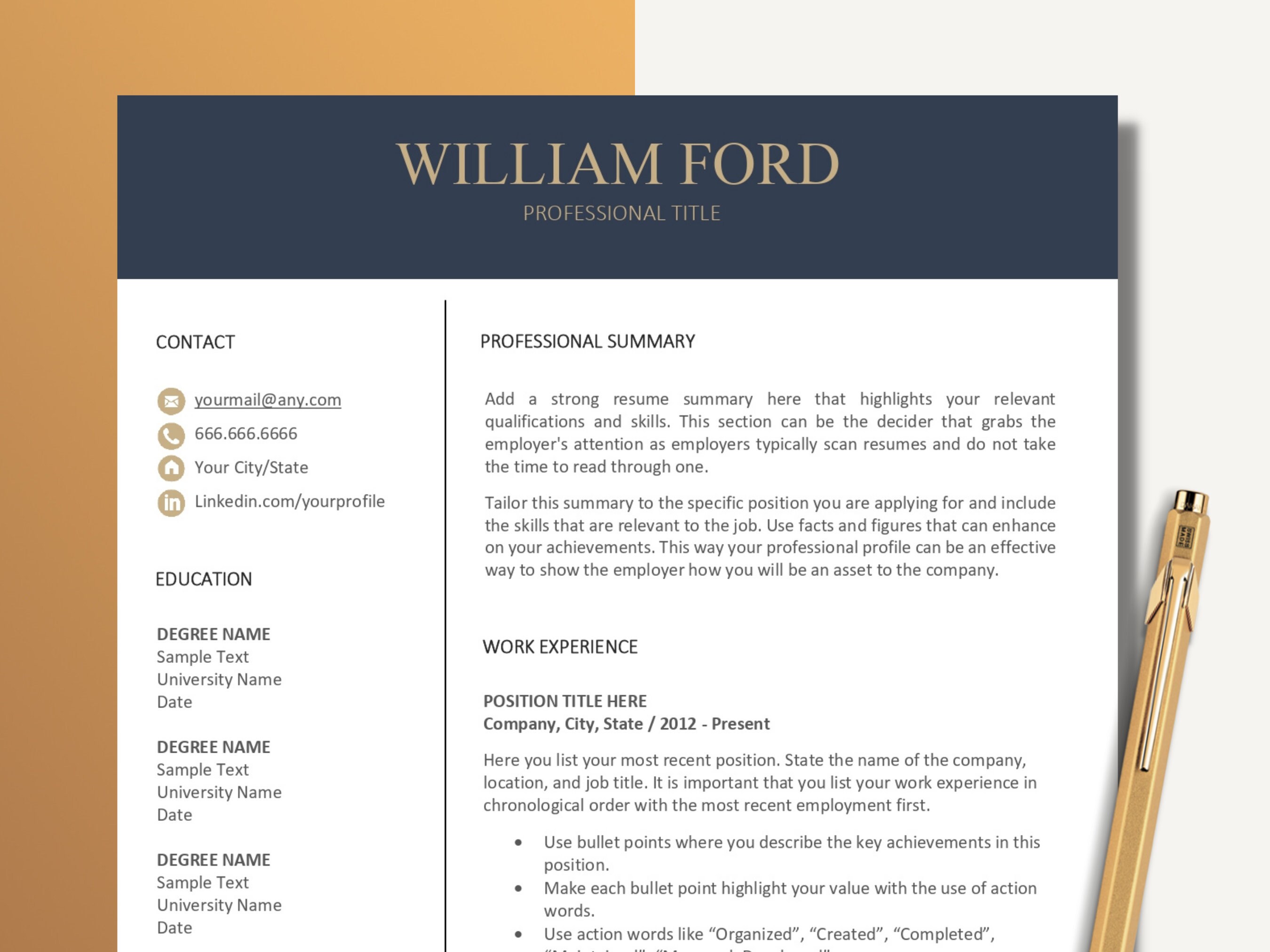Modern Executive Resume Template for Google Docs Word and - Etsy