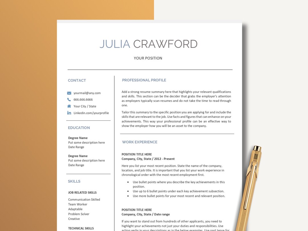 Modern Resume Template for Word and Pages, CV Template, Professional ...