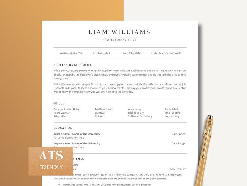ATS Friendly Resume Template, Modern Resume Template for Word and Pages ...
