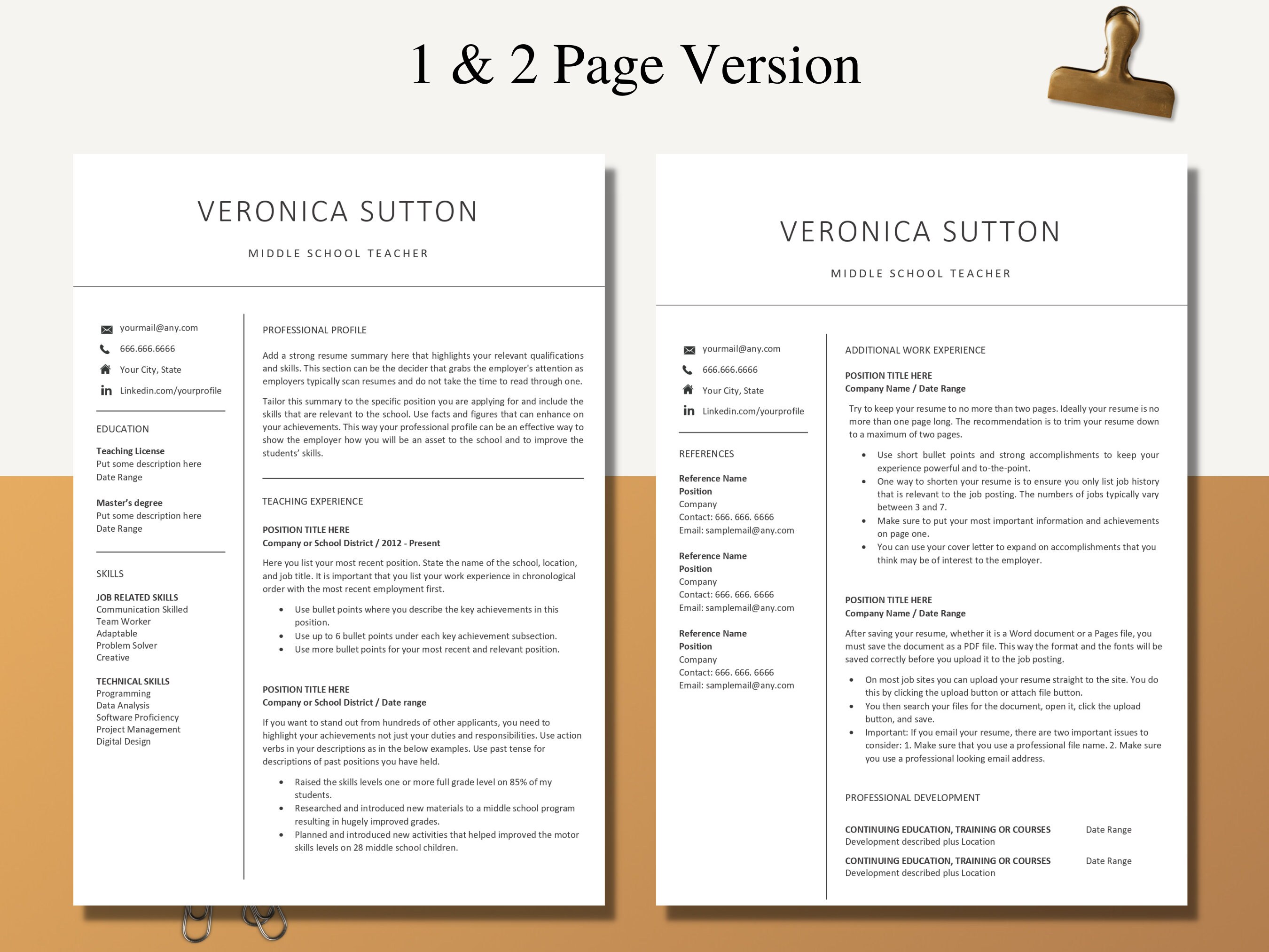Teacher Resume Template for Word and Pages, Middle School Teacher, 1, 2 ...