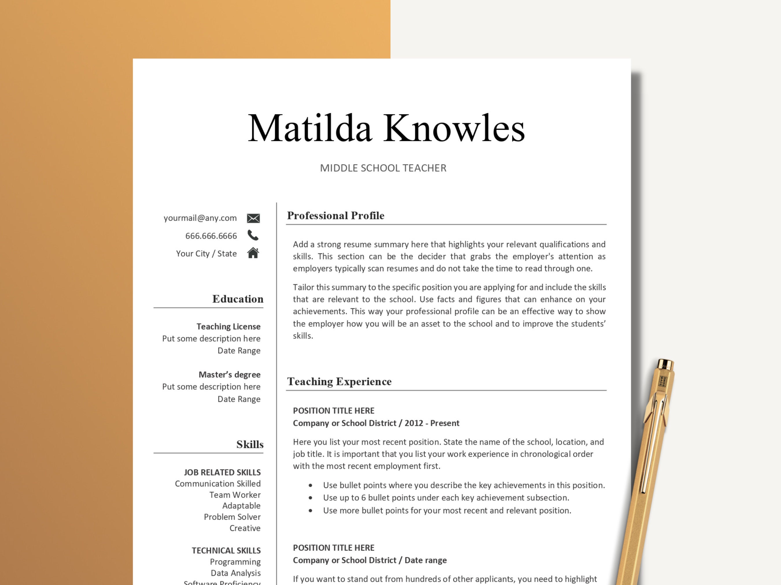 Teacher Resume Template for Word and Pages, Middle School Teacher, 1, 2 ...