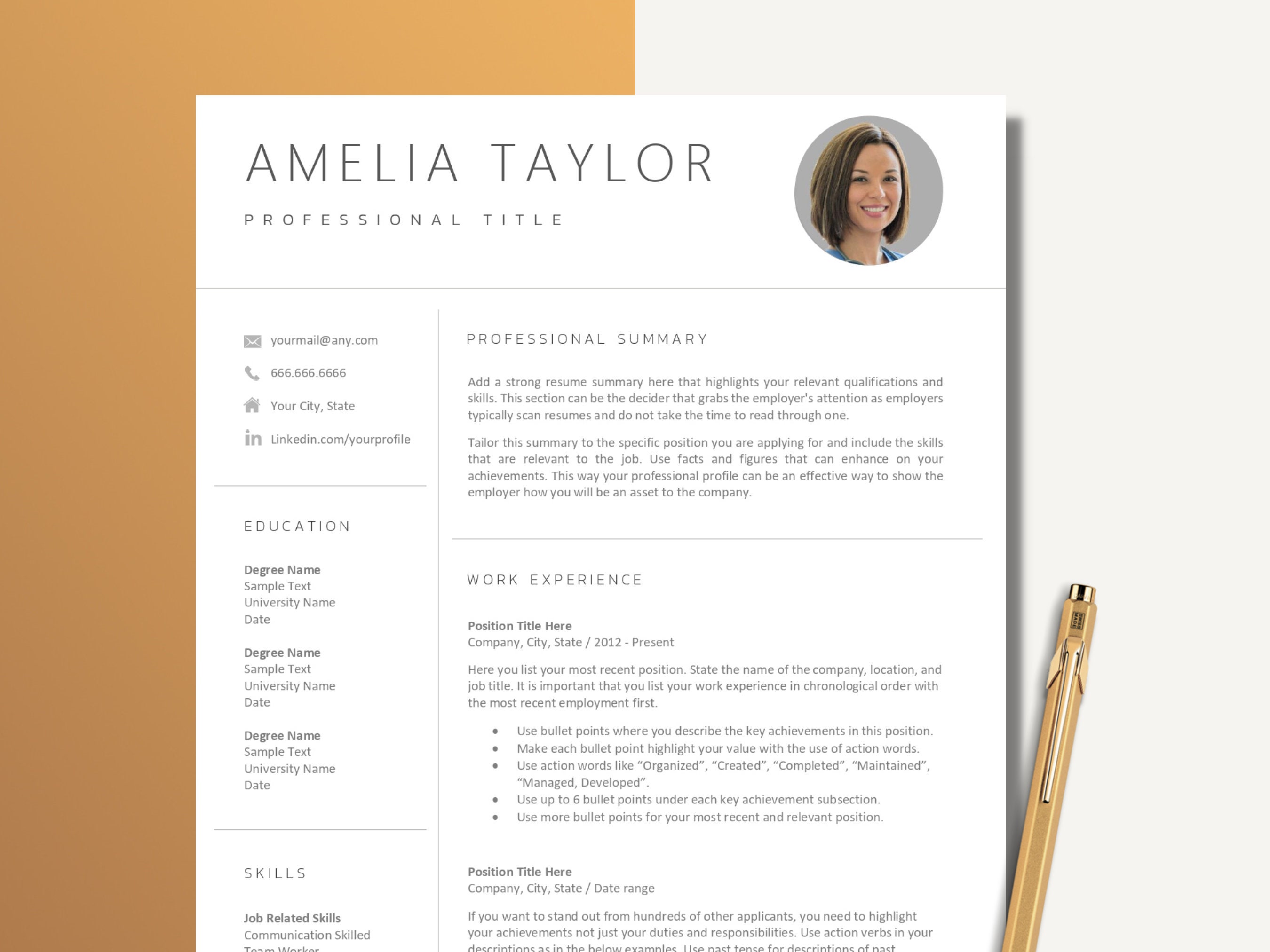 Resume and Cover Letter Template With Picture for Word and Pages ...
