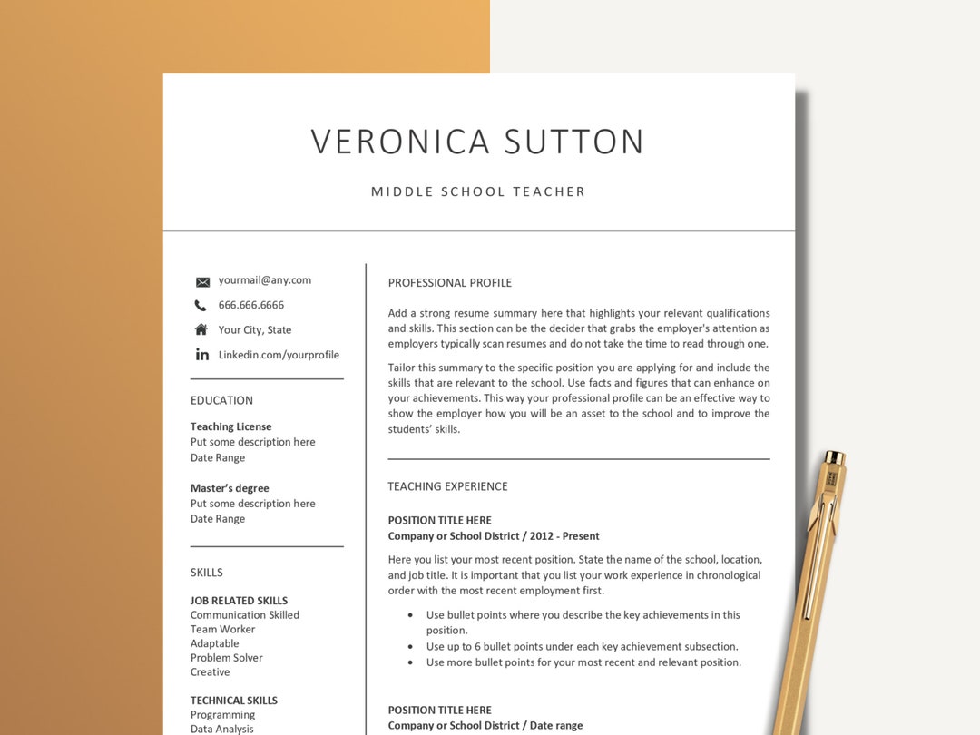 Teacher Resume Template for Word and Pages, Middle School Teacher, 1, 2 ...
