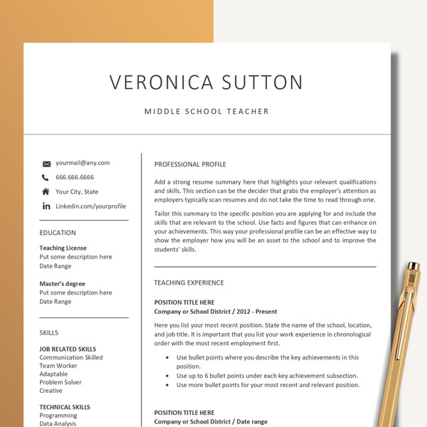 Teacher Resume Template for Word and Pages, Ats Friendly, Professional ...