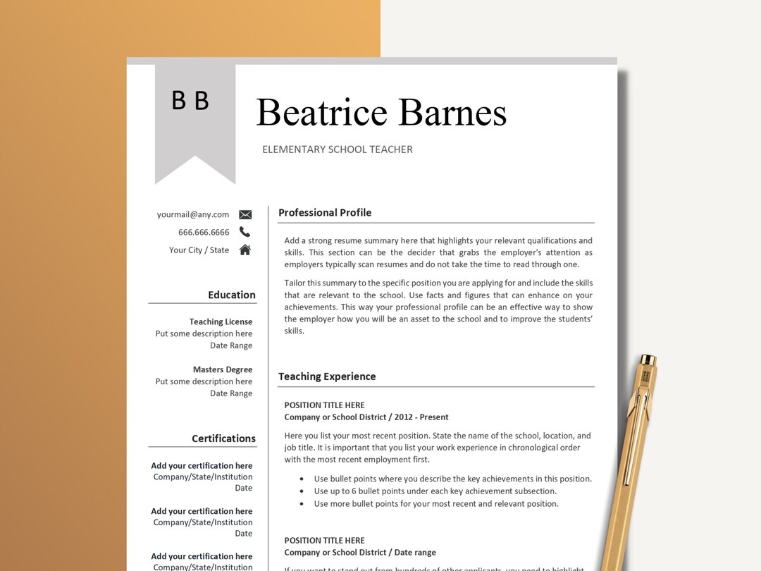 Teacher Resume Template for Word and Pages, 1, 2 and 3 Page Resume ...