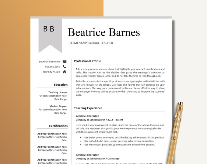 Teacher Resume Template for Word & Pages (1, 2 and 3 Page CV Template ...