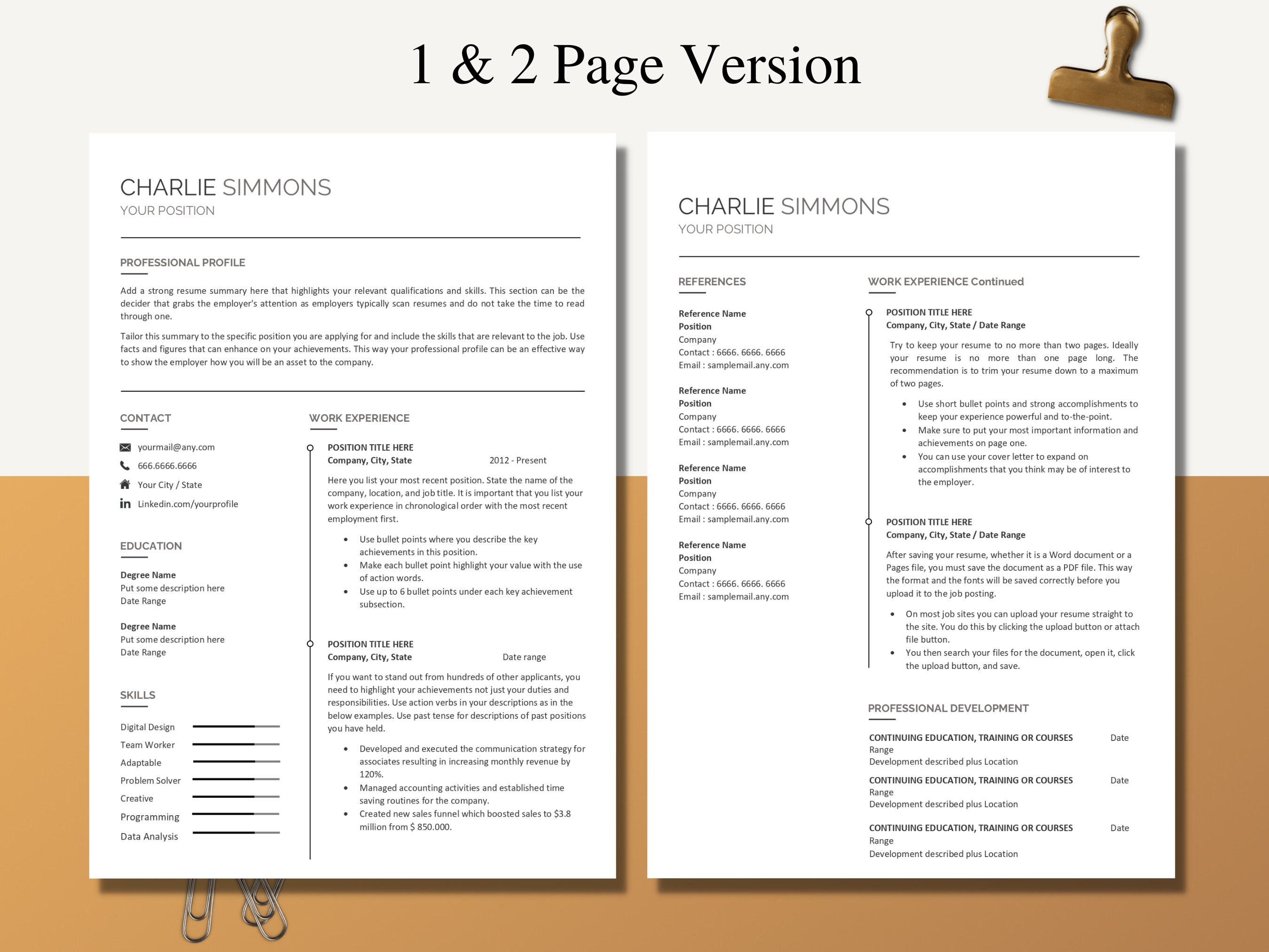 Clean, Modern Resume Template for MS Word and Mac, 1,2 and 3 Page ...