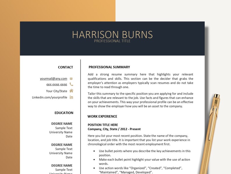 Modern Executive Resume Template Professional Resume Template - Etsy