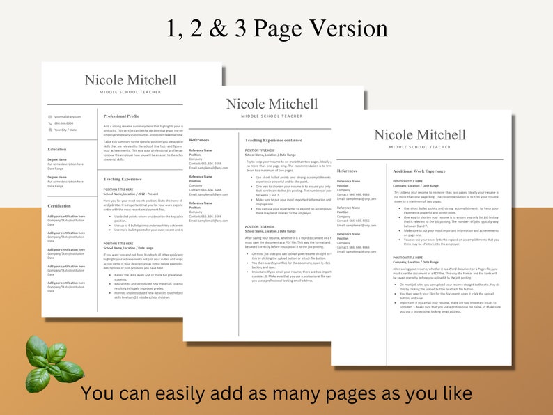 Teacher Resume Template for Word and Pages, 1, 2 and 3 Page Resume ...