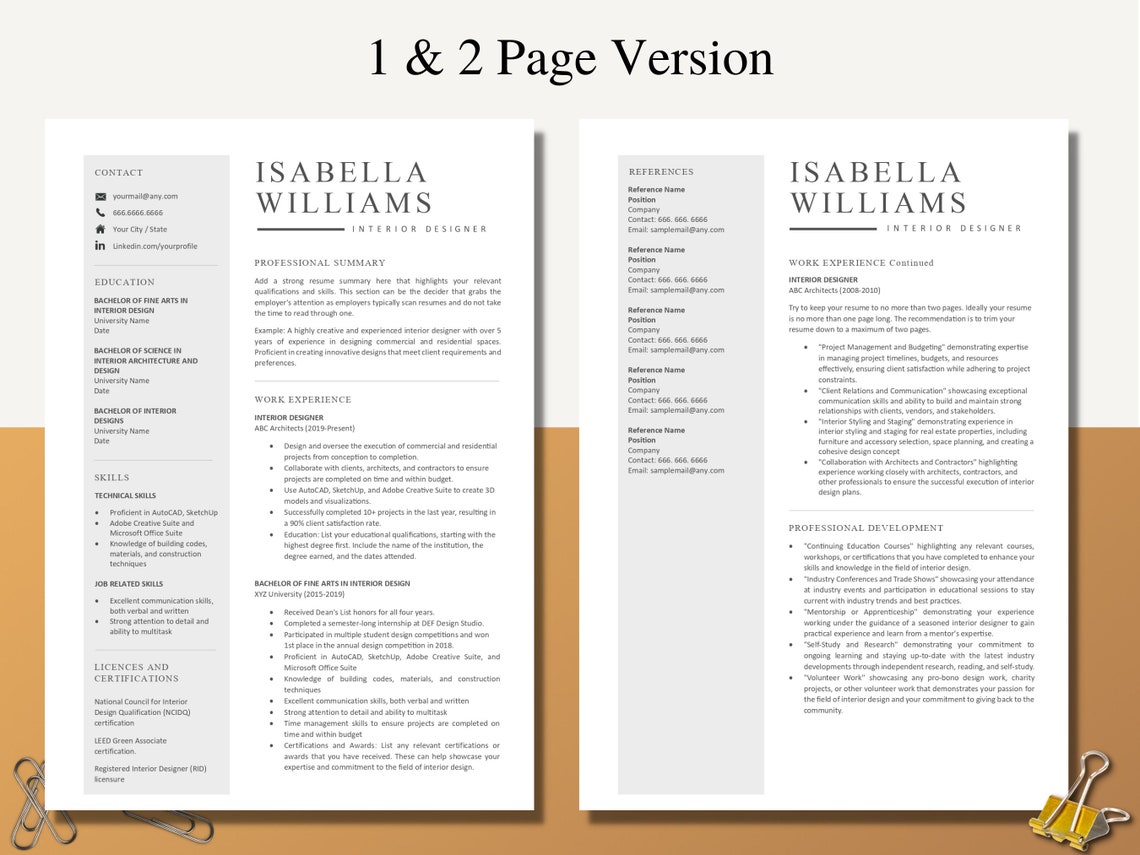 Interior Designer Resume Template, Word and Pages Professional Resume ...