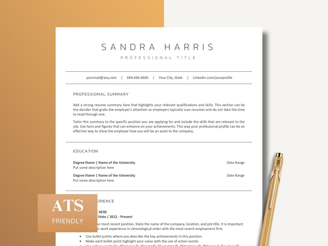 ATS Friendly Resume Template, Google Docs, Word and Mac Pages Resume ...