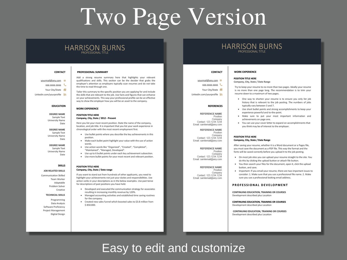 Modern Executive Resume Template Professional Resume Template - Etsy