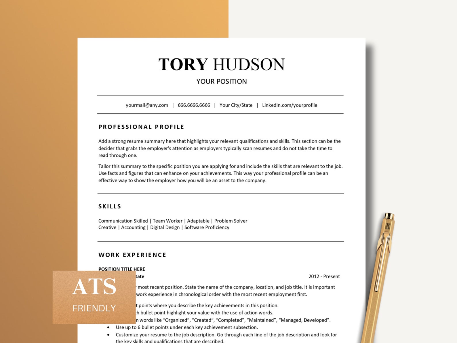 ATS Friendly Resume Template, Clean, Modern CV Template for Word and ...