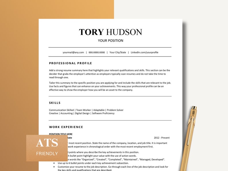 ATS Friendly Resume Template, Clean, Modern CV Template for Word and ...