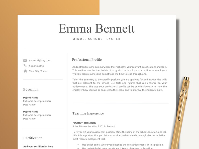 Teacher Resume Template for Word and Pages Ats Friendly - Etsy
