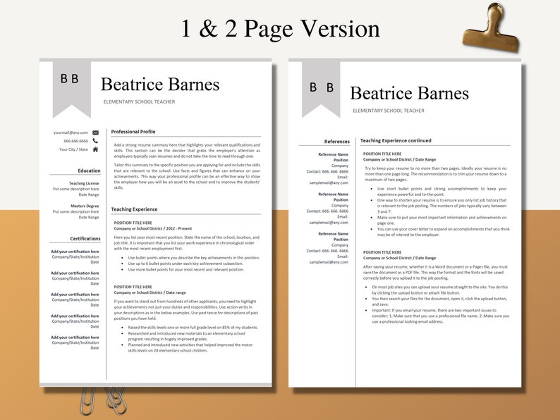 Teacher Resume Template for Word and Pages, 1, 2 and 3 Page Resume ...